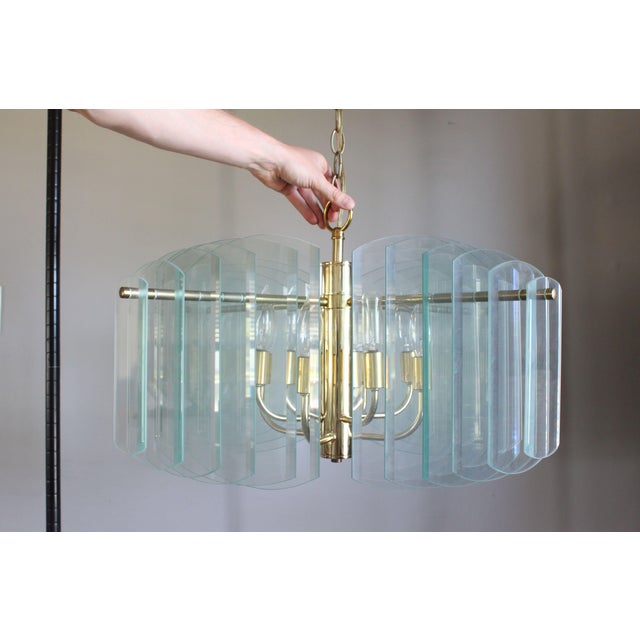 1990's Art Deco Brass and Glass Panel 8 Light Art Deco Chandelier by ...