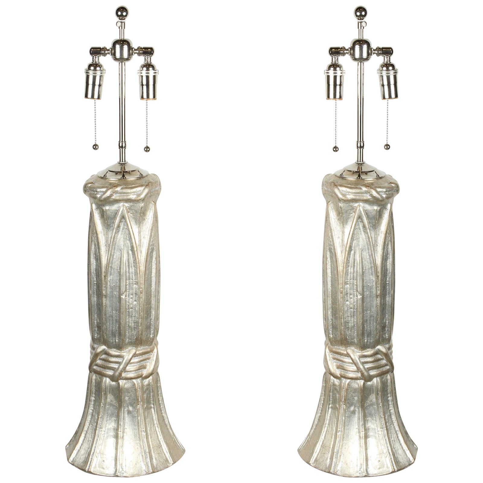 1970s Arts and Crafts Glazed Silver Leaf Finish Table Lamps - a Pair ...