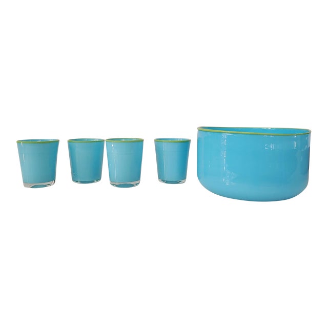 1990s Dansk Boarderline Turquoise Tumblers and Serving Bowl Set, 5 ...