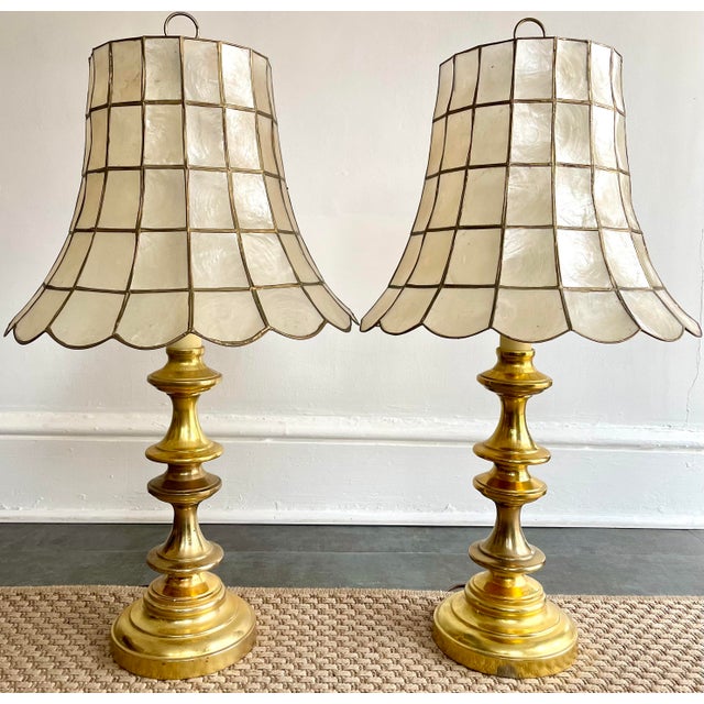 Midcentury Capiz Shell Scalloped Shades on Brass Lamps, a Pair | Chairish