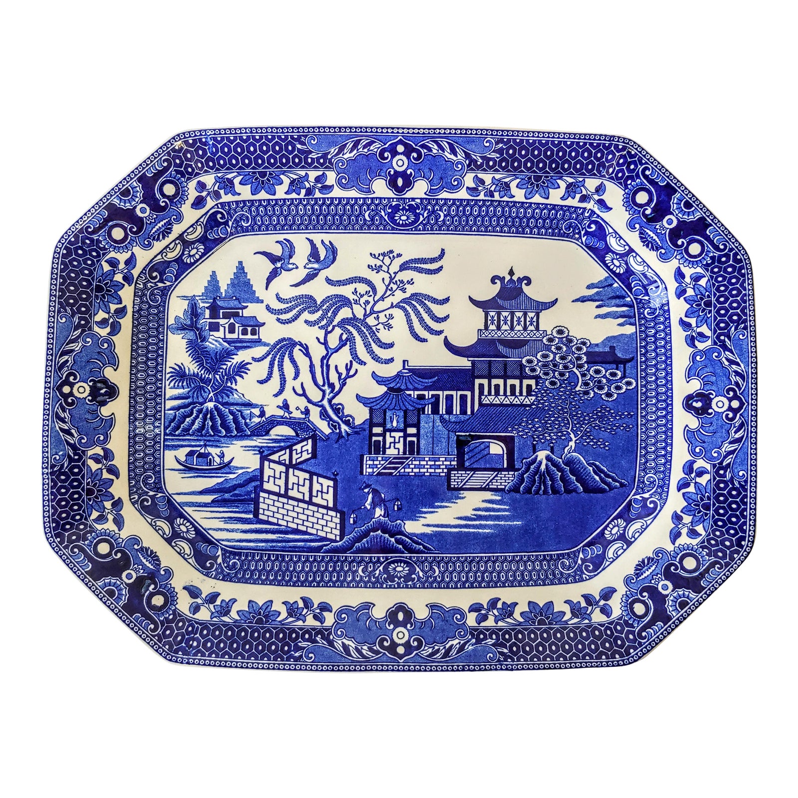 Vintage Burleigh Ware Blue and White Willow Pattern Platter | Chairish