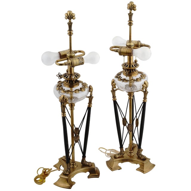 English Regency Style Brass and Cut Glass Table Lamps - A Pair | Chairish