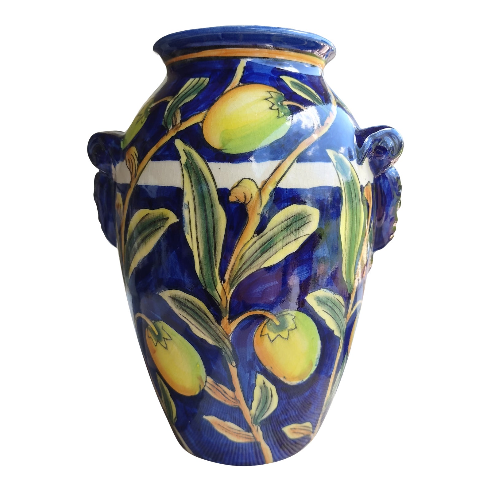 Early 20th Century Mango on Vine Majolica Hand Painted Vase in Cobalt ...