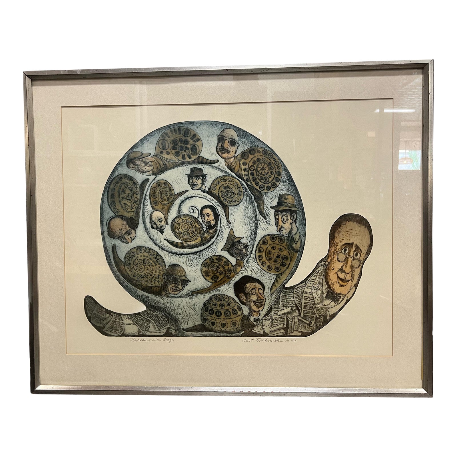 70s Mid Century Modern Large Surrealist Snail Print, “Beaucratic Maze ...