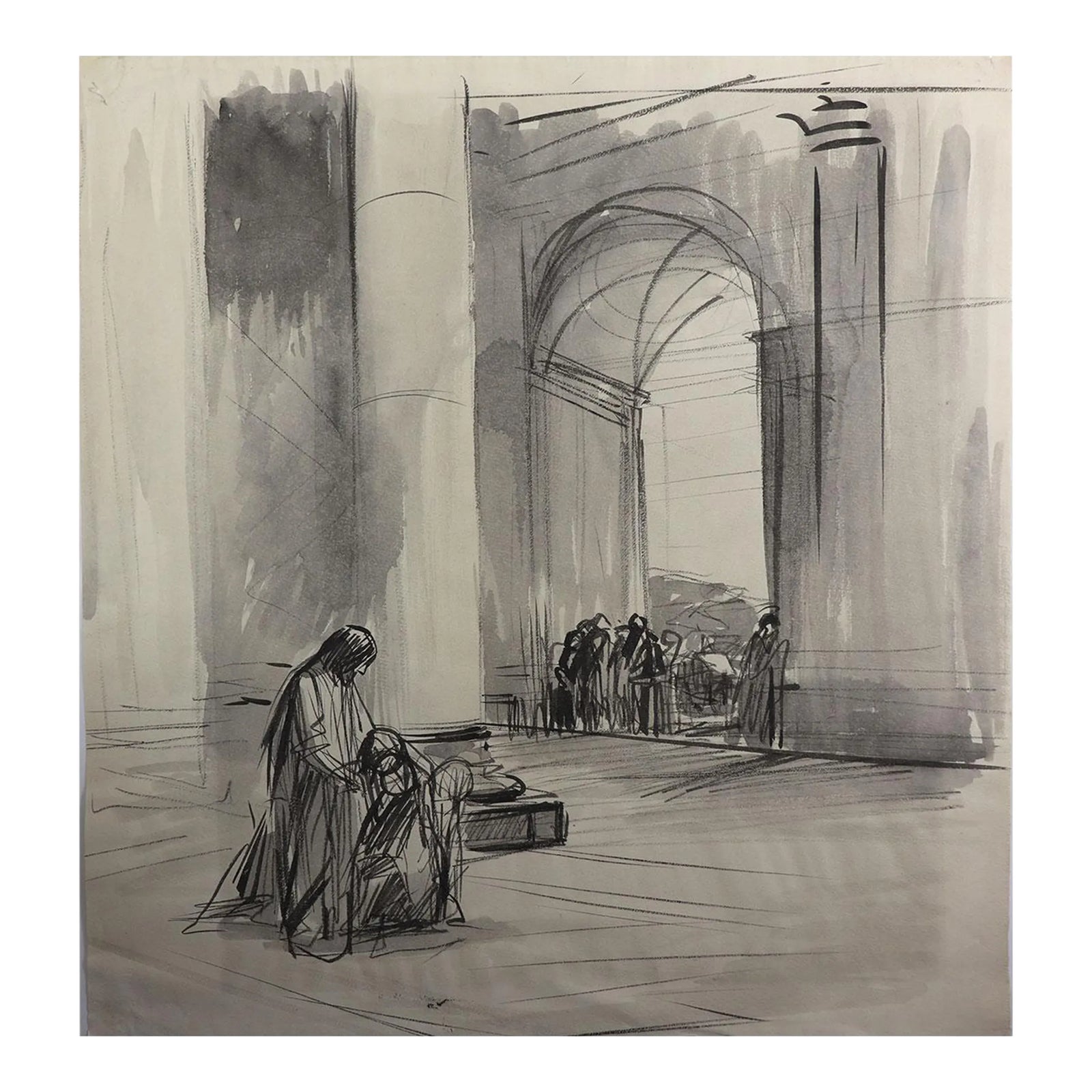Jean-Louis Forain Ink and Wash on Paper Drawing, at the Temple | Chairish