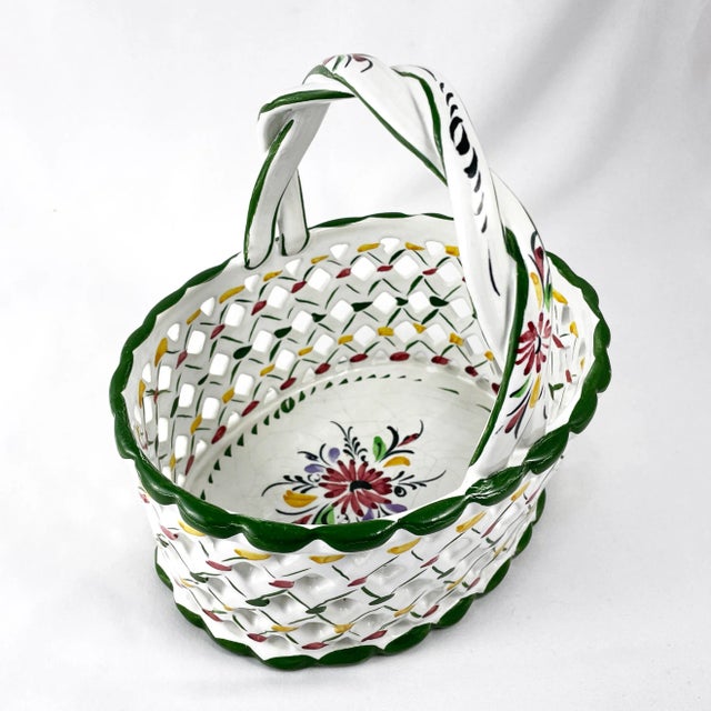Vintage Hand-Painted Portuguese Ceramic Spring Table Basket | Chairish