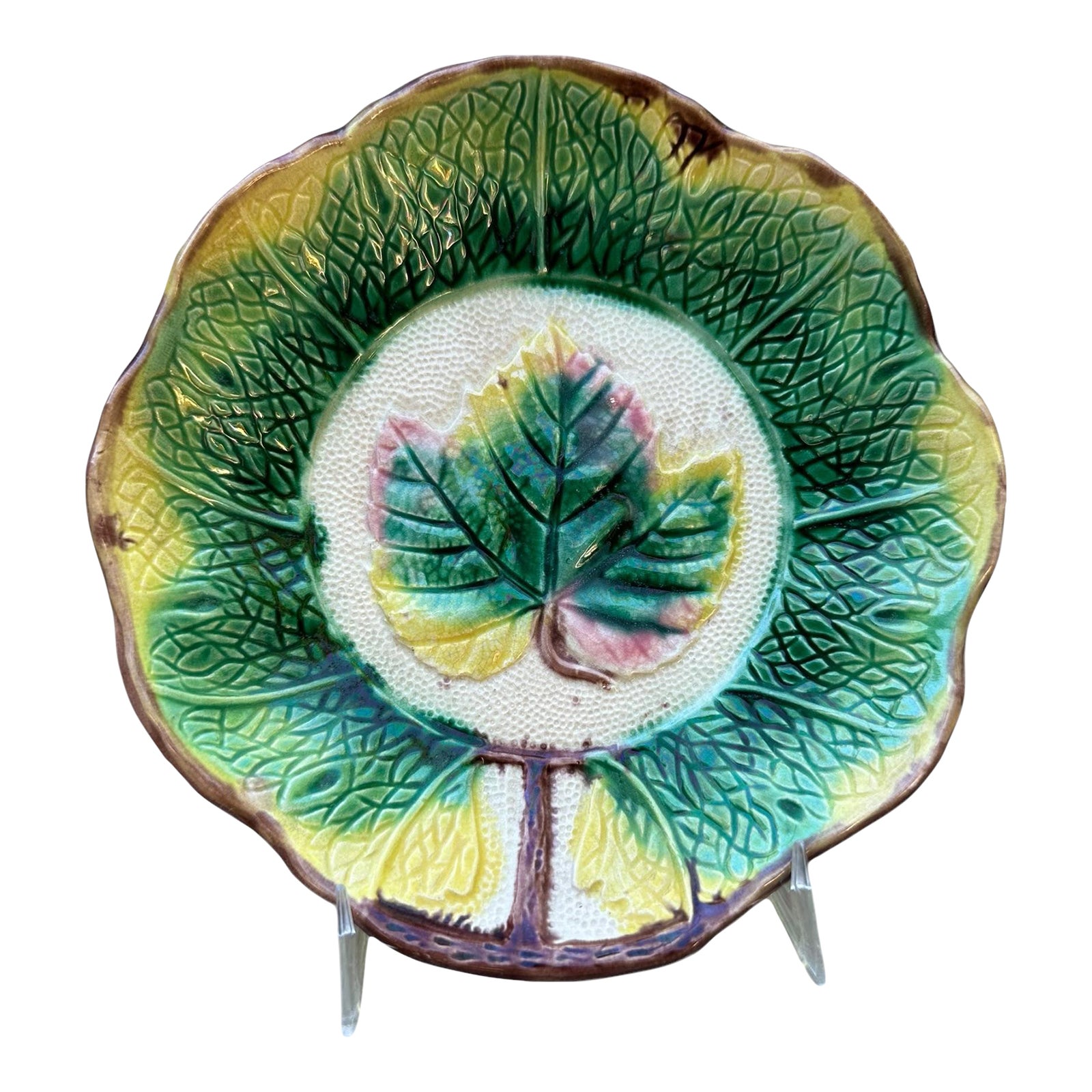 Antique 19th Century Majolica Grape Leaf Plate | Chairish