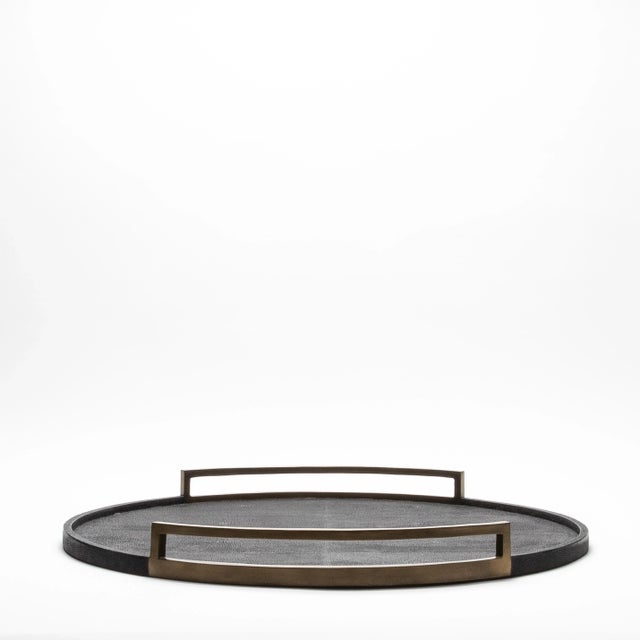 Extra Large Round Tray in Black Shagreen With Bronze Patina Brass by R ...