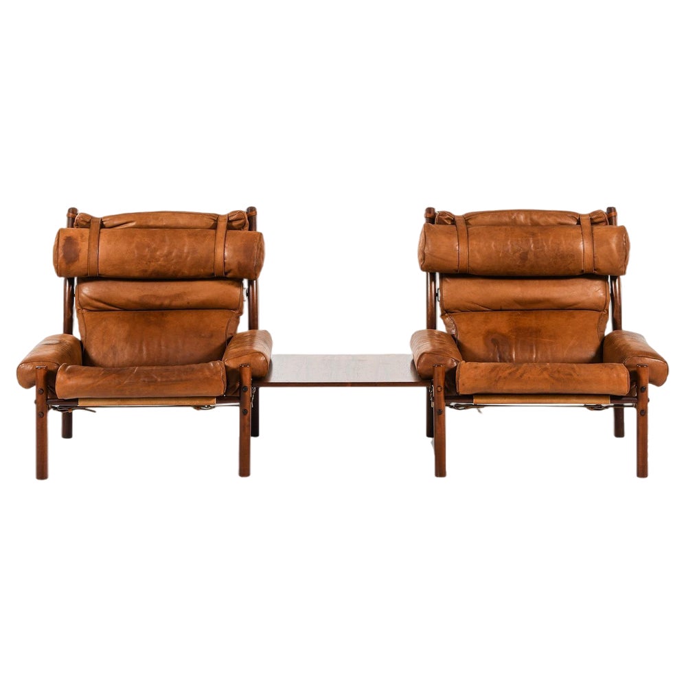 Set of Easy Chairs with Side Table in Beech and Leather attributed to ...