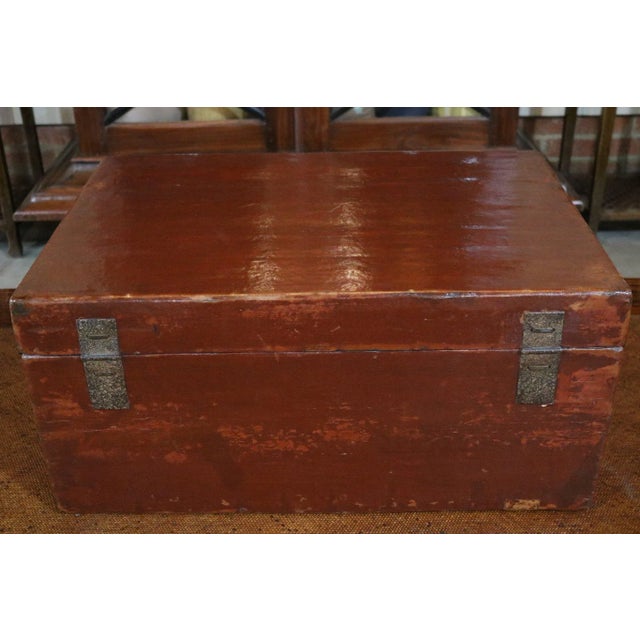 Chinese Red Leather Trunk | Chairish