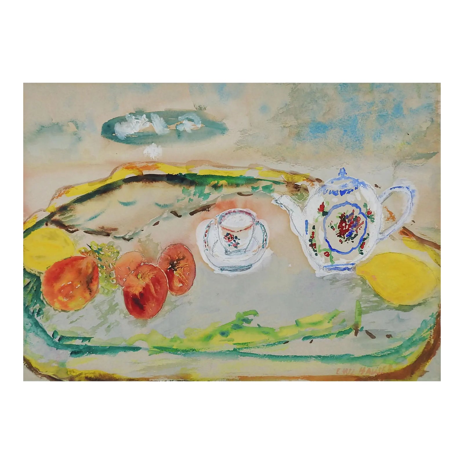Mid 20th Century Impressionist Still Life Teapot and Fruit Painting ...