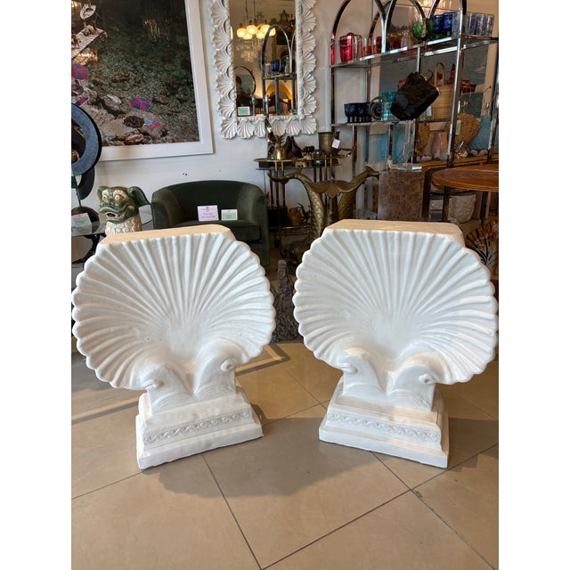 Vtg. Pair Palm Beach Coastal Concrete Scalloped Shell Seashell White ...