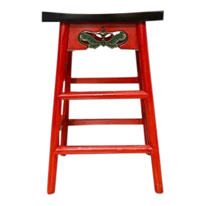 Asian Tibetan Hand Carving Motif Bar Stool | Chairish
