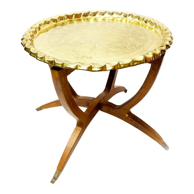 Mid Century Hand Made Brass Moroccan Style Tray Table on Folding Wooden ...