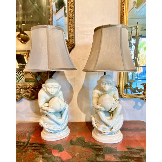 Pair Blance De Chine Monkey Lamps | Chairish