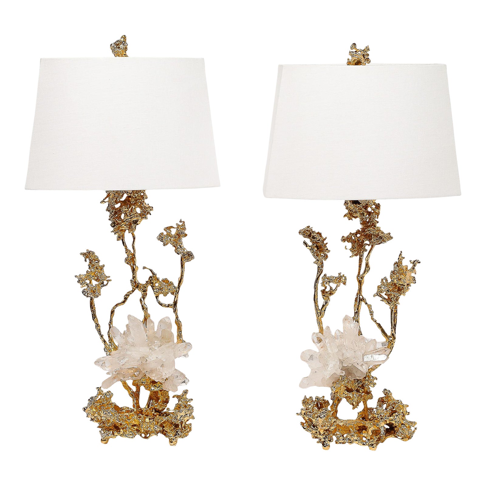 Pair of Exploded Bronze & 24k Gold W/ Rock Crystal Table Lamps by ...