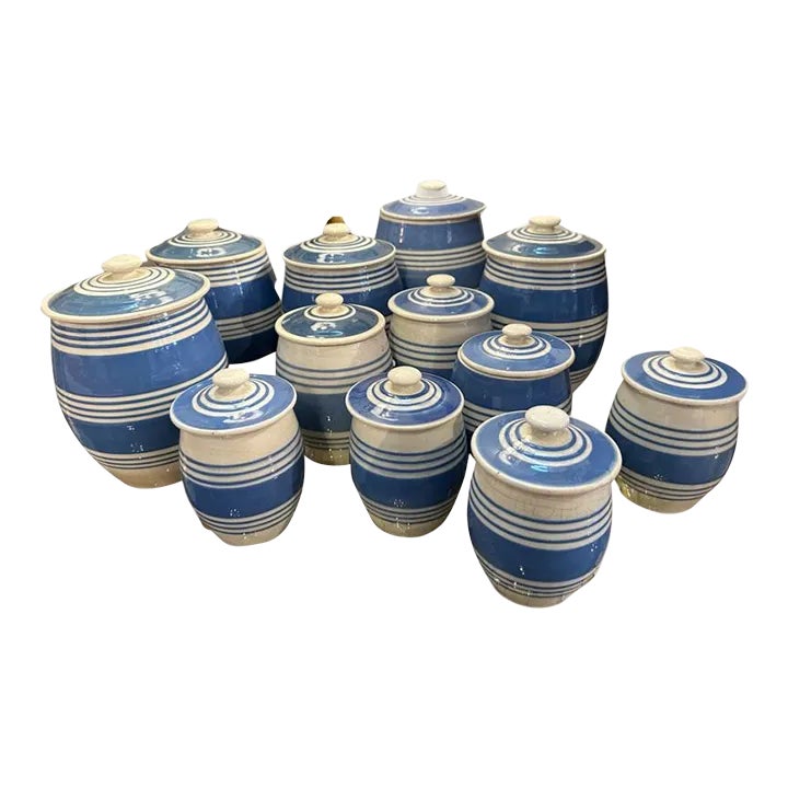 19th Century Set of 12 Mixed-Size English Mochaware Canisters | Chairish