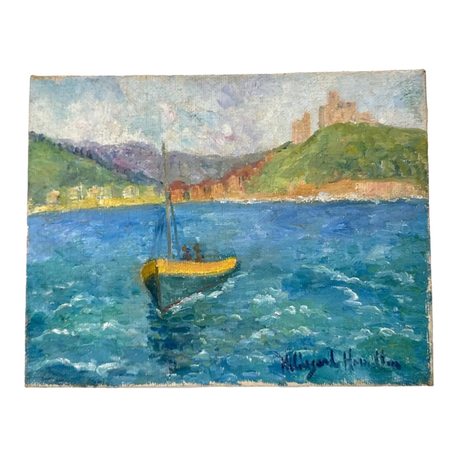 Hildegarde Hume Hamilton, Two-Sided Oil on Canvas "Boat Off the Coast ...
