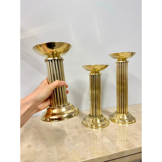 Vintage Brass Pedestal Pillar Candle Holders - Set of 3 | Chairish