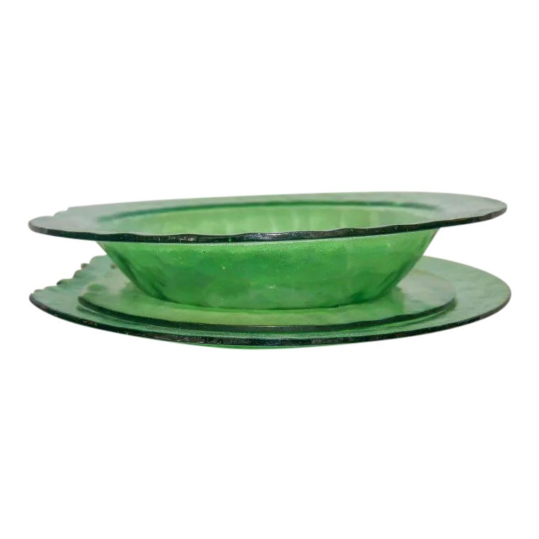 Vintage 1991 Artisan Signed Green Glass Dinnerware - Set of 3 | Chairish