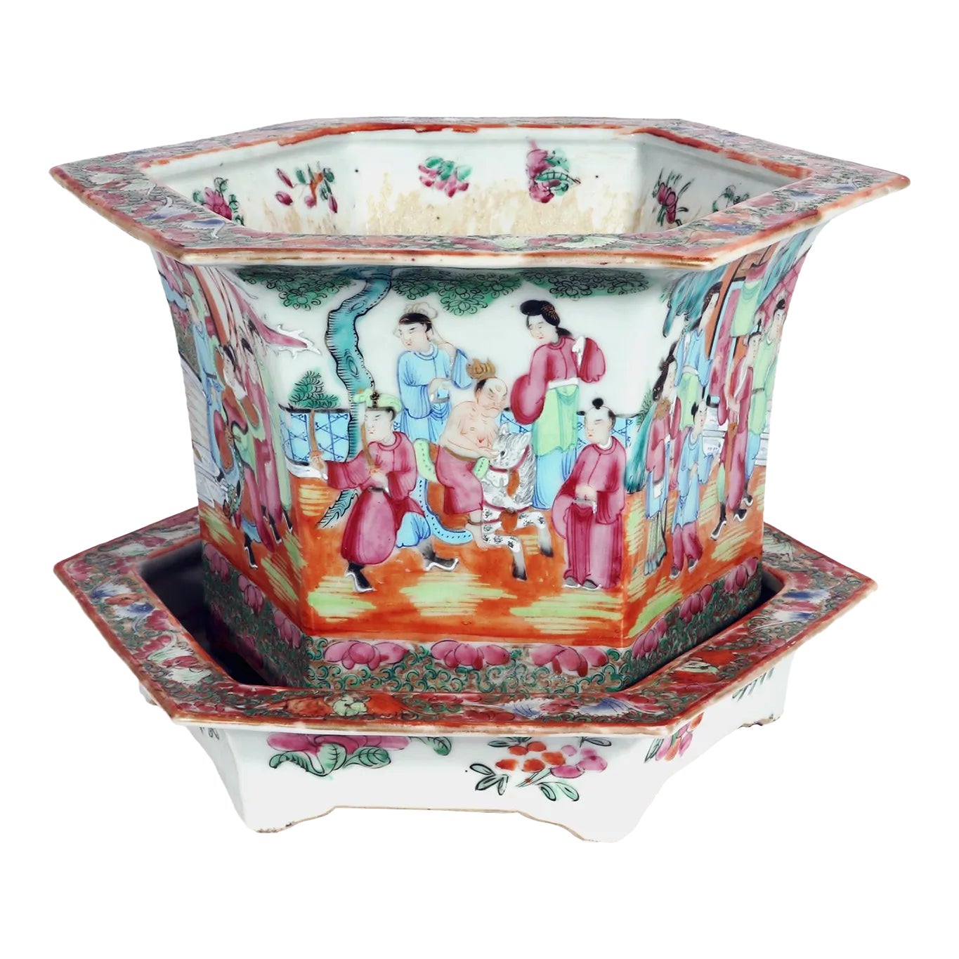 Chinese Export Porcelain Rose Canton Cache Pot & Stand | Chairish