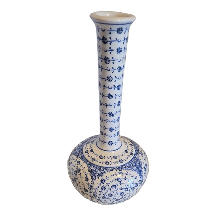 Vintage Olive Farm Product of Turkey Blue & White Porcelain Vase | Chairish