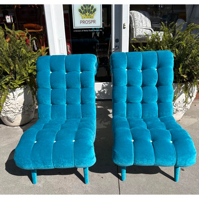 Pair of Mid Century Modern Tufted Turquoise Velvet Chairs | Chairish