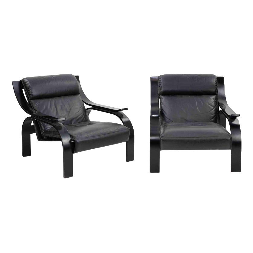 Woodline Lounge Chairs in Leather by Marco Zanuso for Arflex, Italy ...