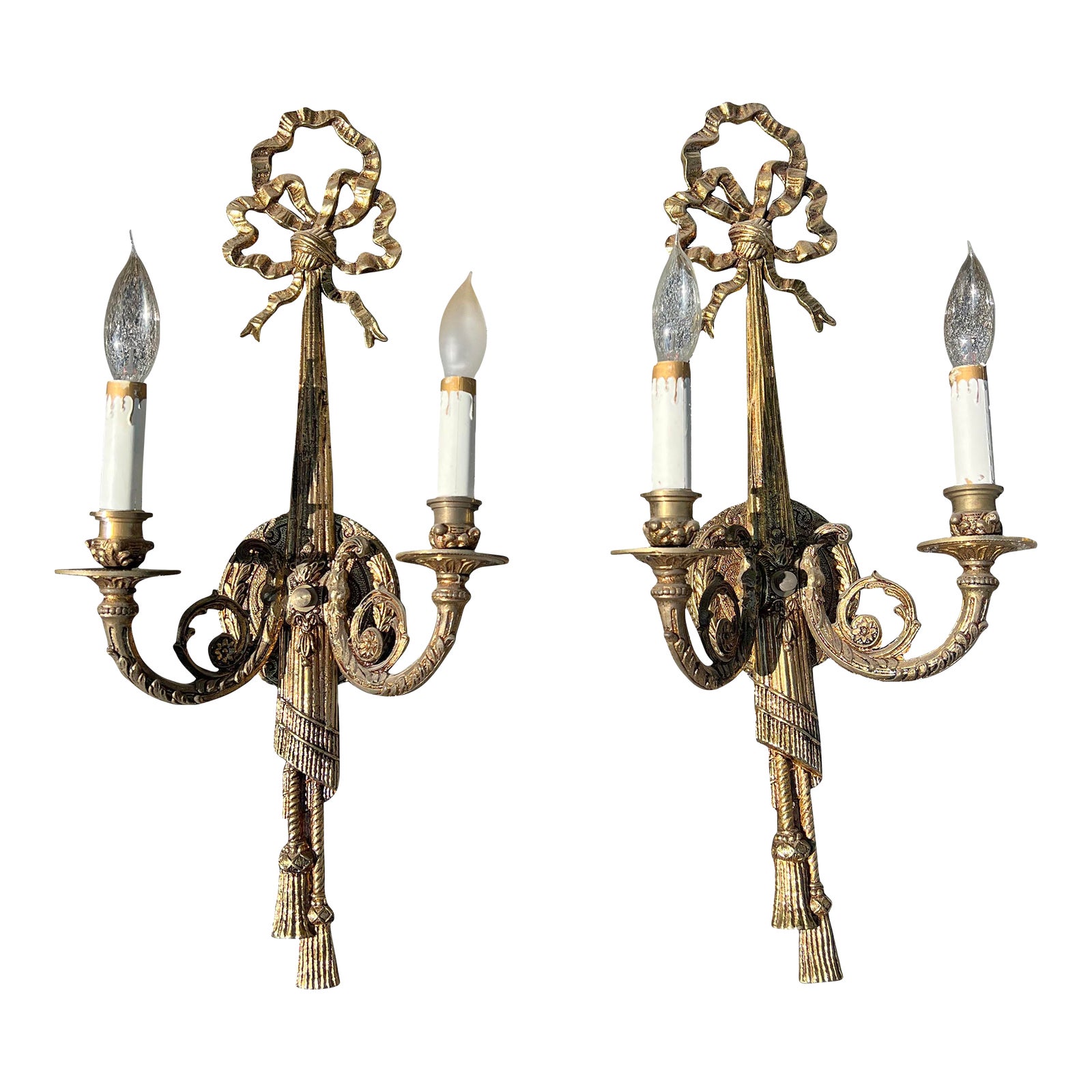 Vintage Brass Candle Style Wall Sconces in Ribbon and Tassels Design ...