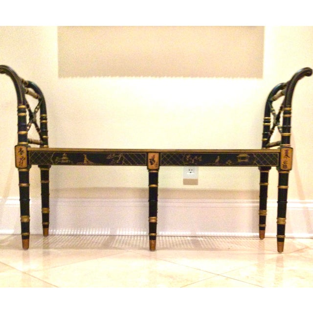 Vintage 20th Century Faux Bamboo Chinoiserie Painted Ebony Bench Cane ...