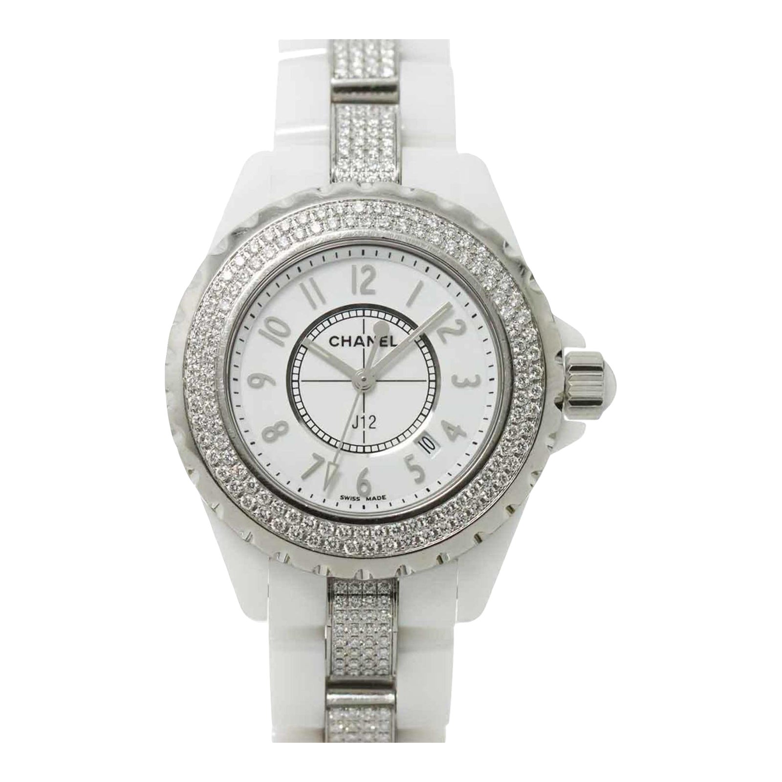 Chanel J12 H1420 Ladies Watch Genuine Diamond Bezel Bracelet Date White ...