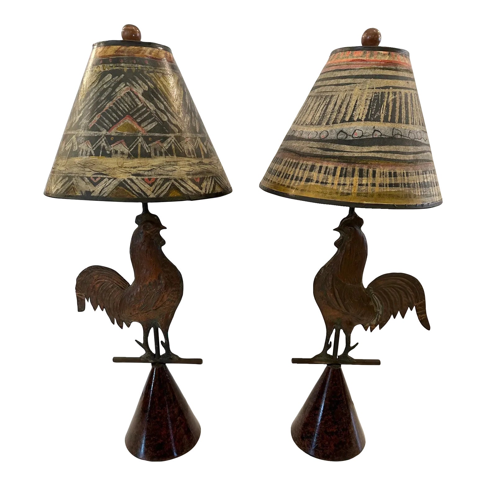 Custom Vintage Metal Rooster Lamps With Handpainted Shades -A Pair ...