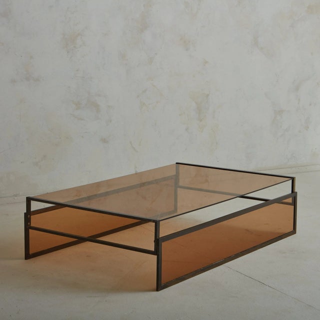 Modernist Amber Glass Coffee Table with Iron Block Frame, France 20th ...
