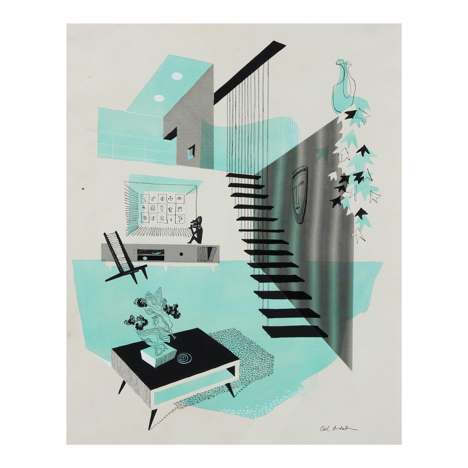 Mid Century Modern Interior Illustration | Chairish