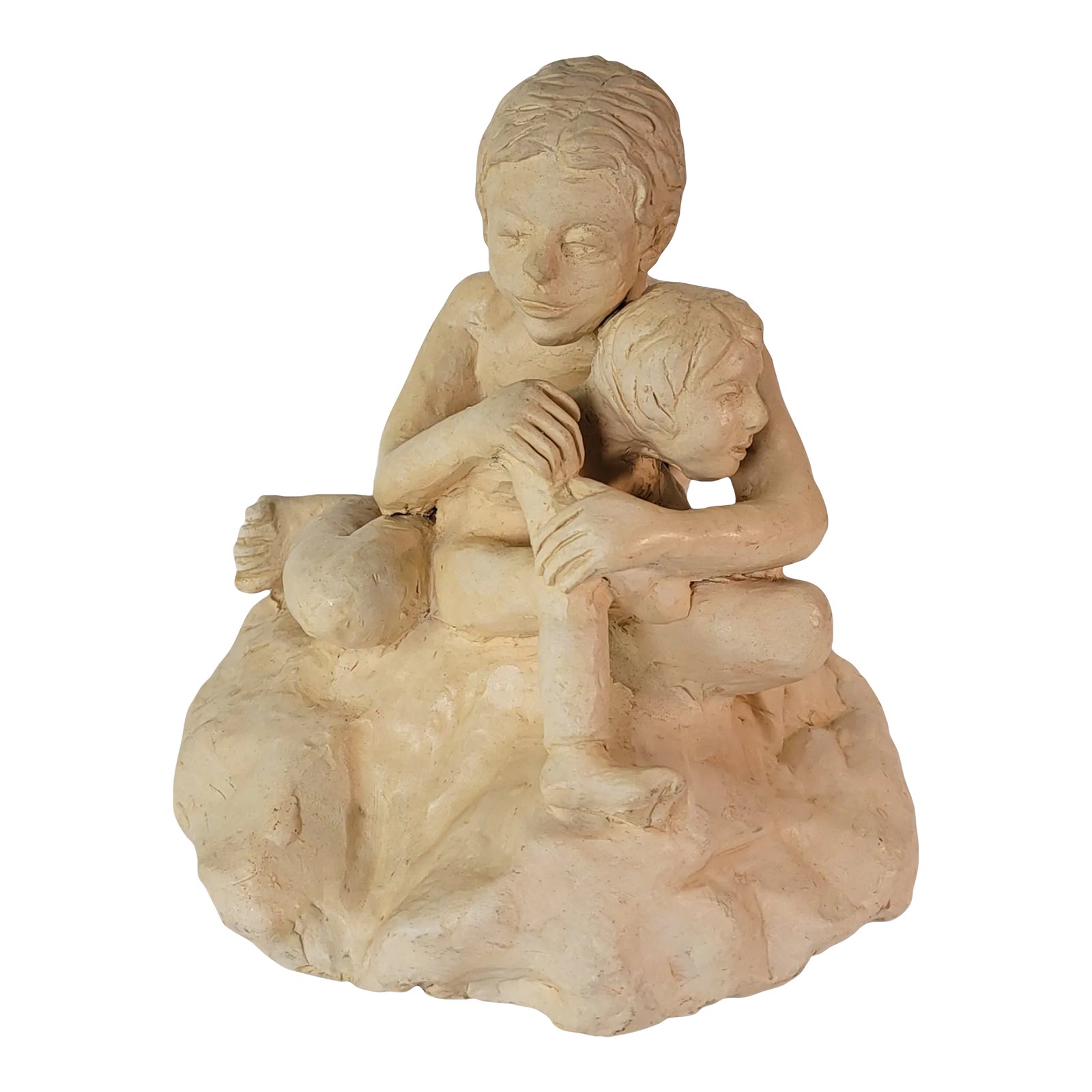 Vintage Boys Statue Figurine Signed Studio Art Beige Ceramic | Chairish