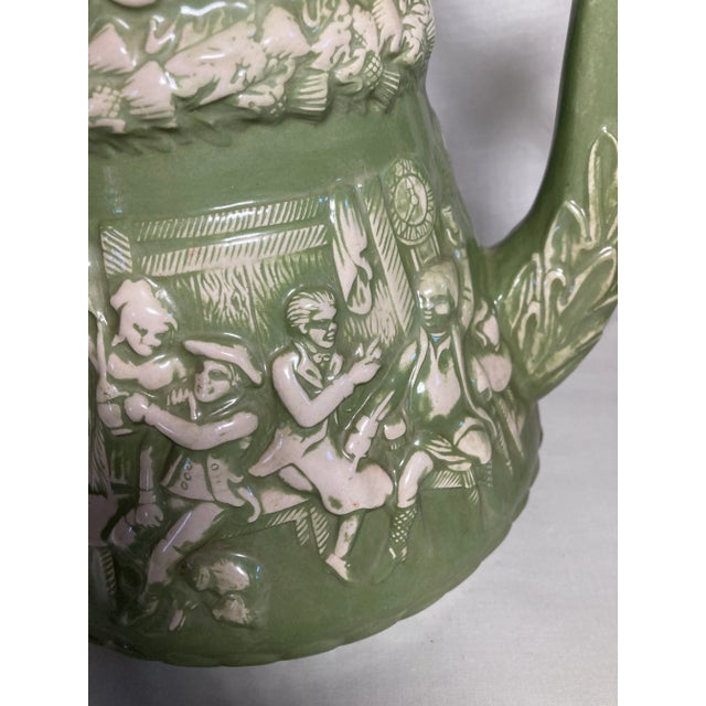 Vintage Green Raised Relief Pottery Ceramic Pitcher with Lid | Chairish