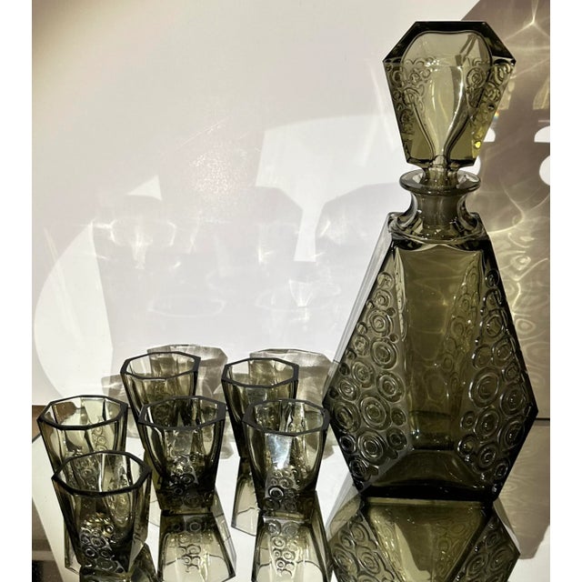 Art Deco Period Moiser Black Crystal Decanter & Cordial Set | Chairish