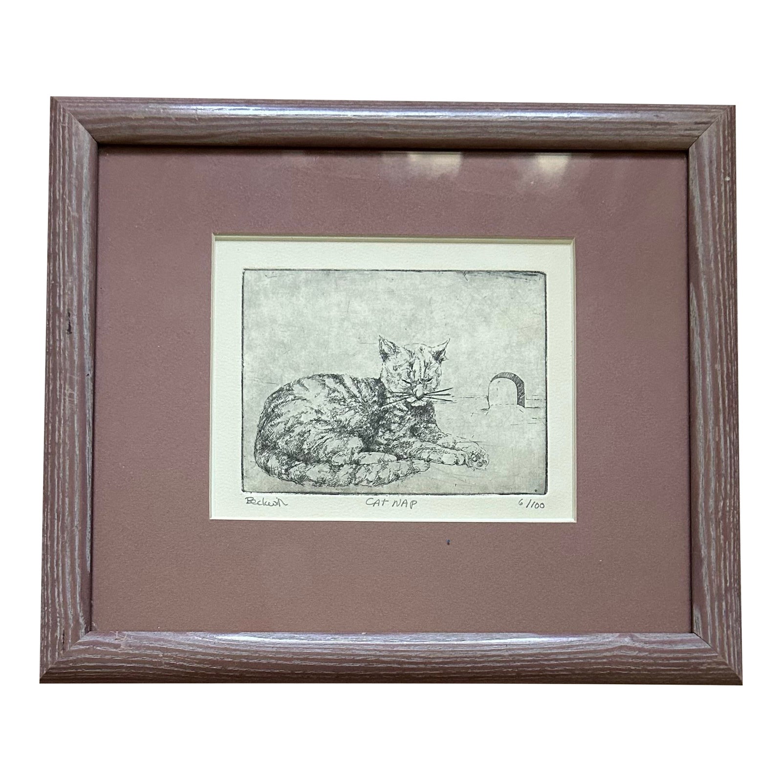 Original 1990’s Etching of a Cat Entitled ‘Cat Nap’ by Joel Beckwith ...
