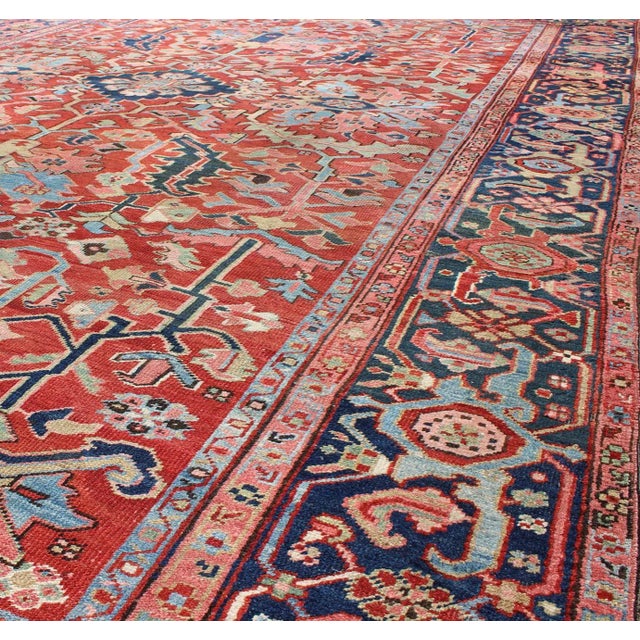 Antique Persian Medallion Serapi Rug With Red Background and Blue ...
