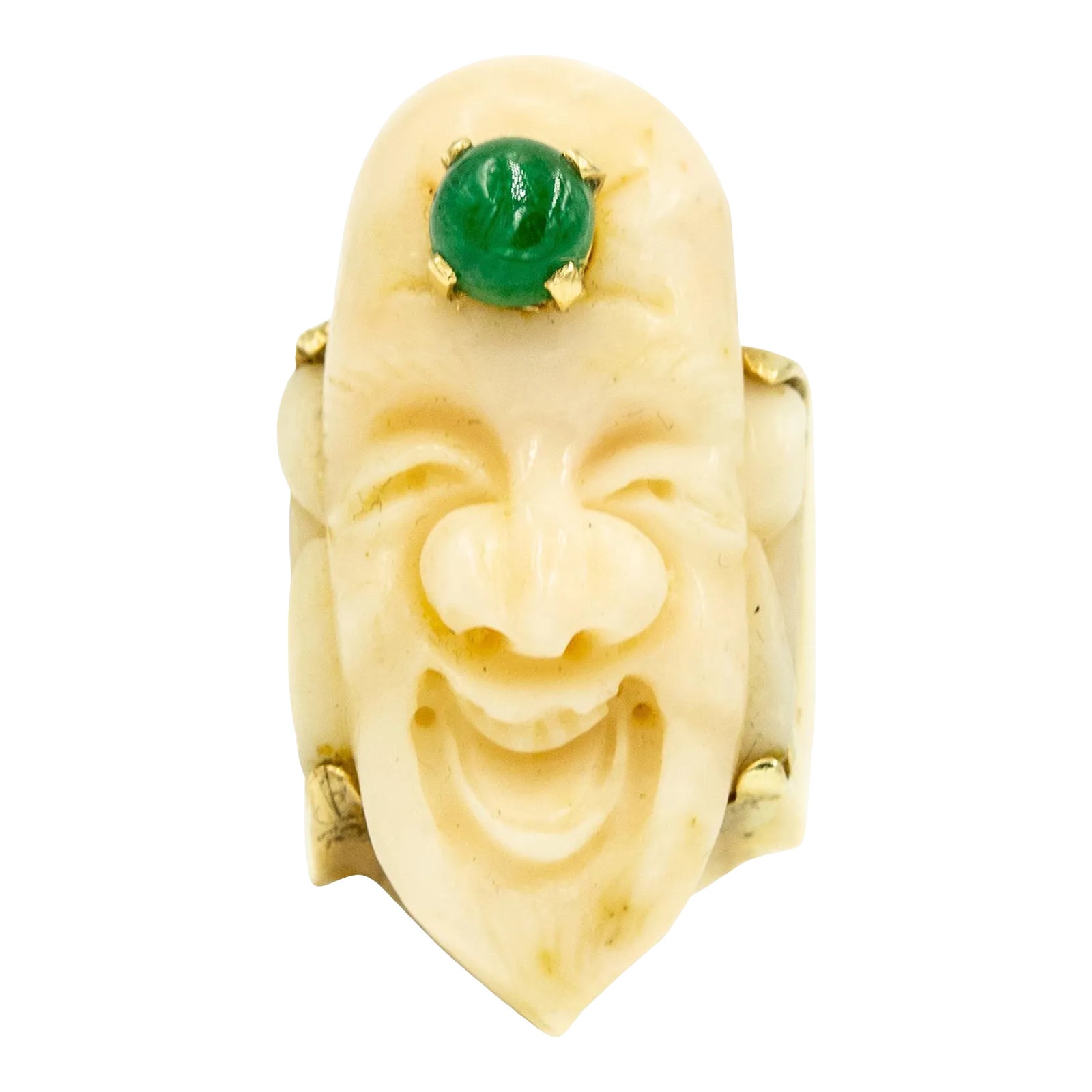 Carved Angel Skin Coral Smiling Buddha Face Gold Ring with Emerald ...