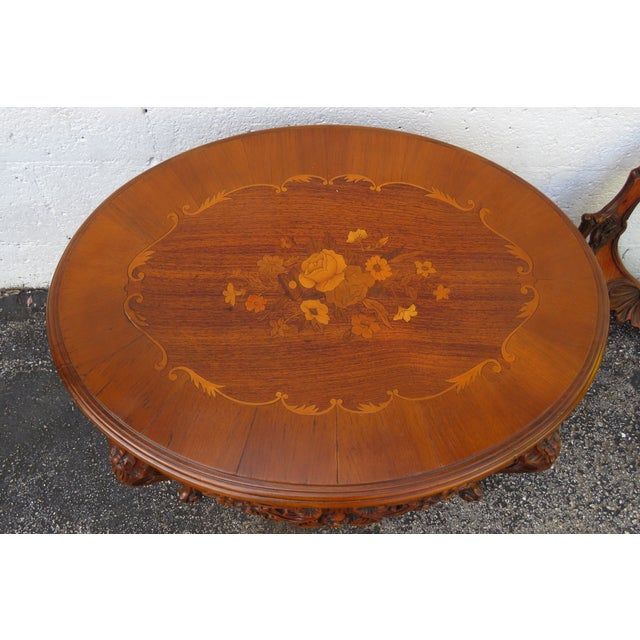 French Heavy Hand Carved Inlay Coffee Table With Glass Tray | Chairish