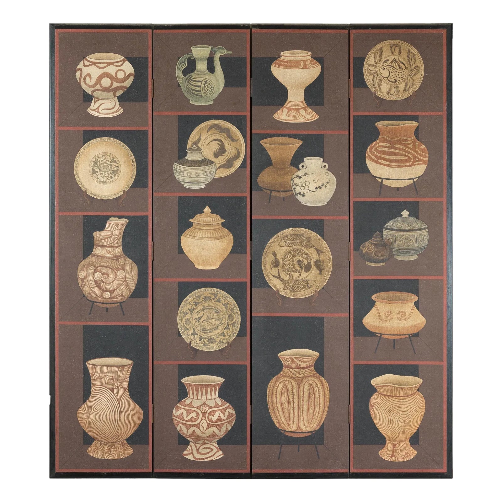 Four-Panel Screen with Painted Vessels and Plates in Brown and Black ...