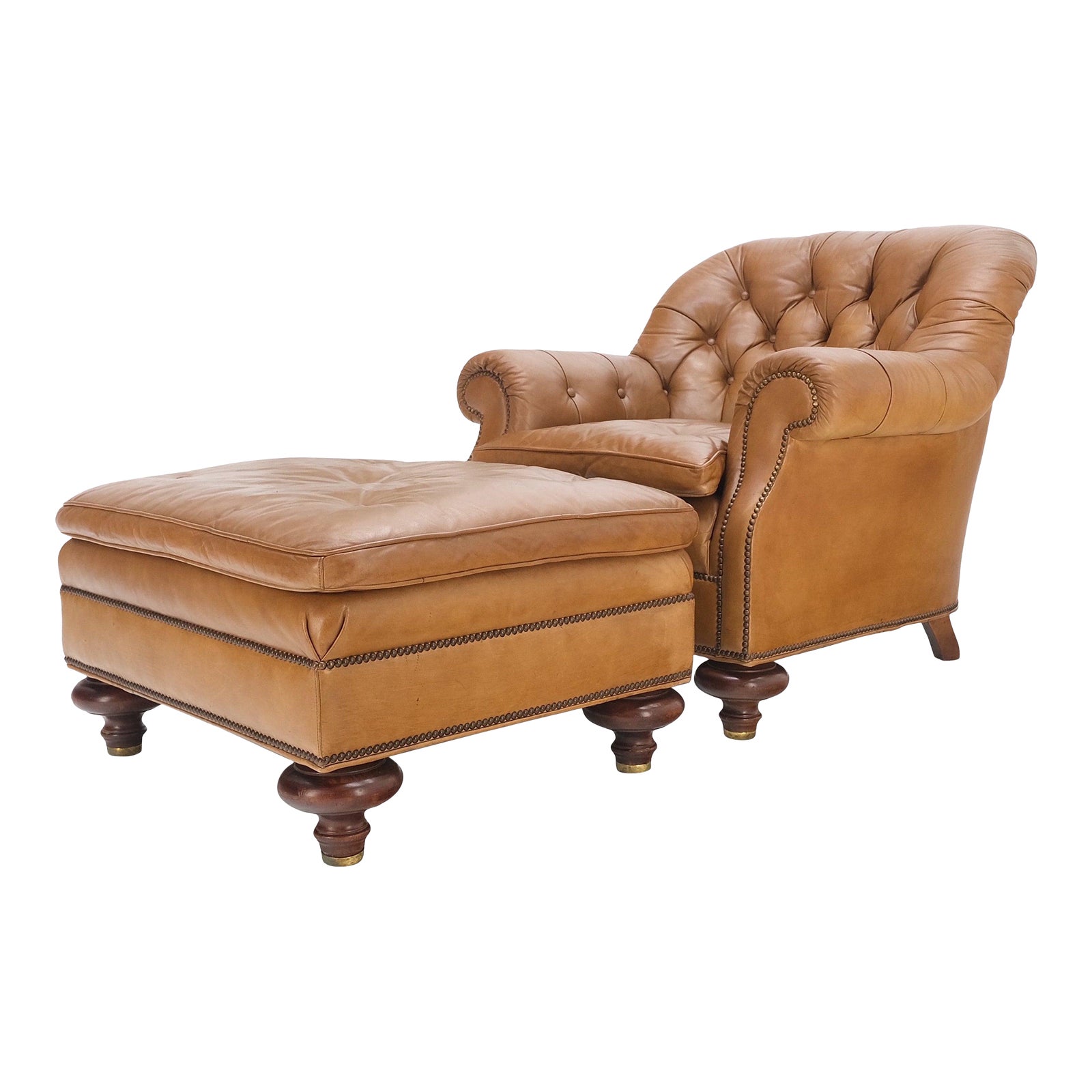 Baker Tan Leather Tufted Back Large Arm Chair w/ Ottoman Pouf Turned ...