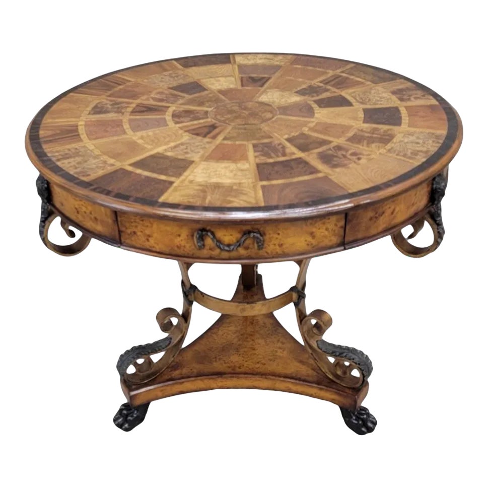 Theodore Alexander Caryatid Iron & Walnut Burl Drum Paw Foot Table ...
