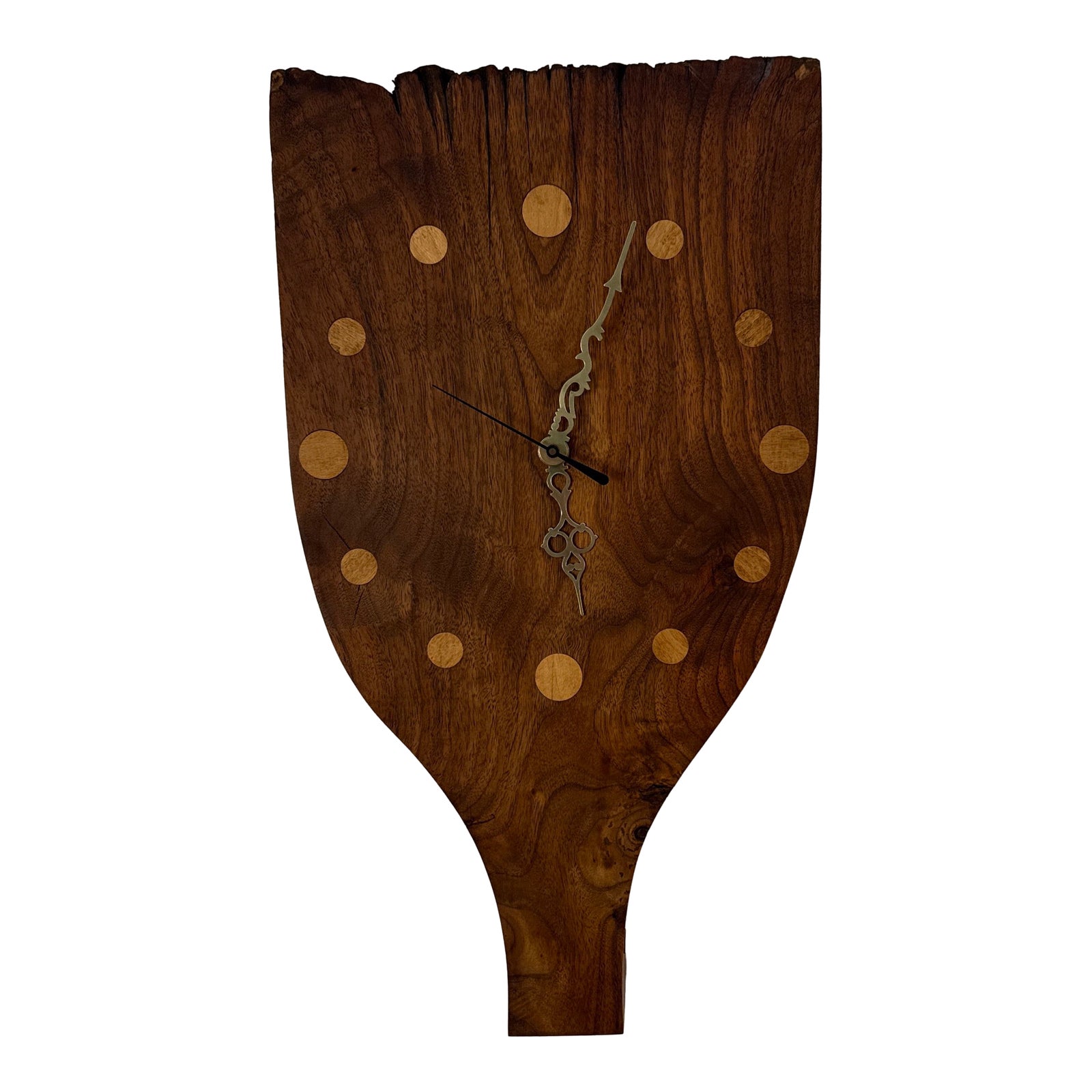 Studio Craft Wall Clock in Mixed Woods With Brass Pendulum, 1985 | Chairish