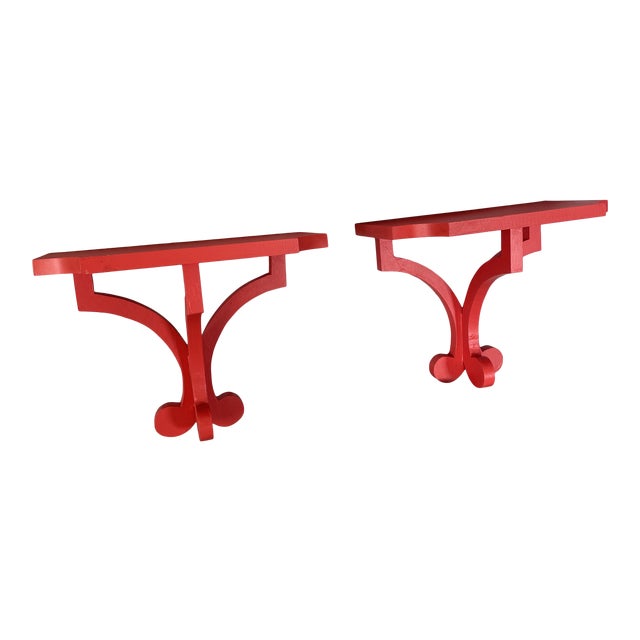 Chinese Red Chinoiserie Scalloped Wall Brackets - A Pair | Chairish