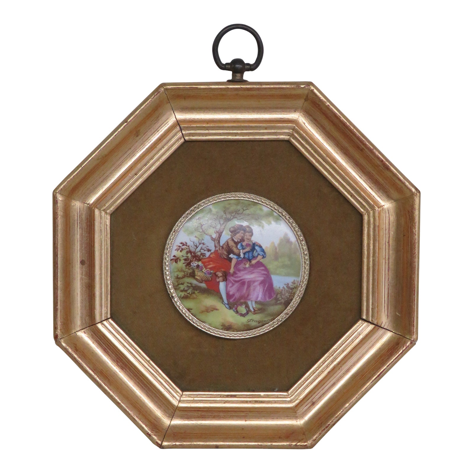 French Round Porcelain Fragonard Cameo in Octagon Frame Wall Art | Chairish