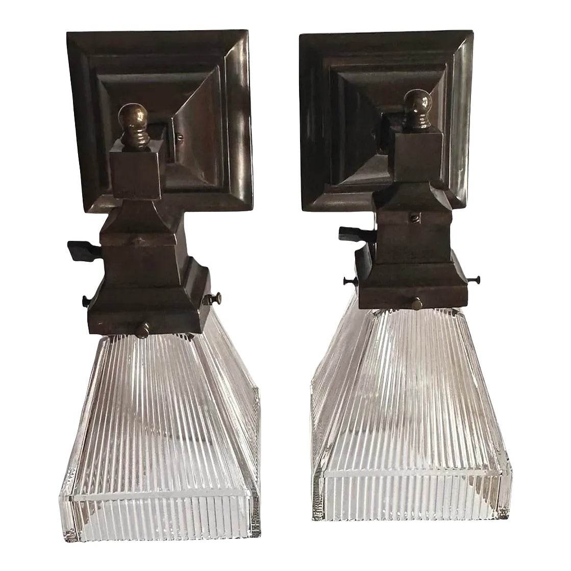 Craftsman Wall Sconces With Holophane Shades, Circa 1910 | Chairish