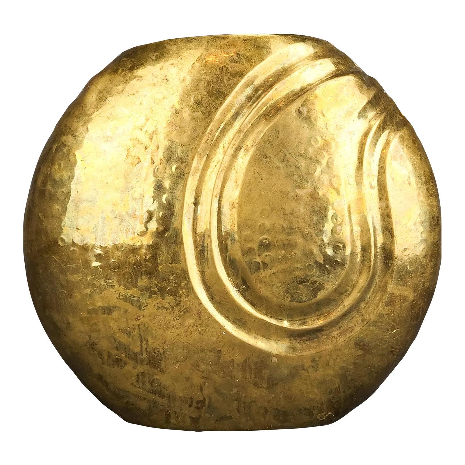 Mid 20th Century Large Hammered Brass Moon Shaped Vase Art Deco Revival ...