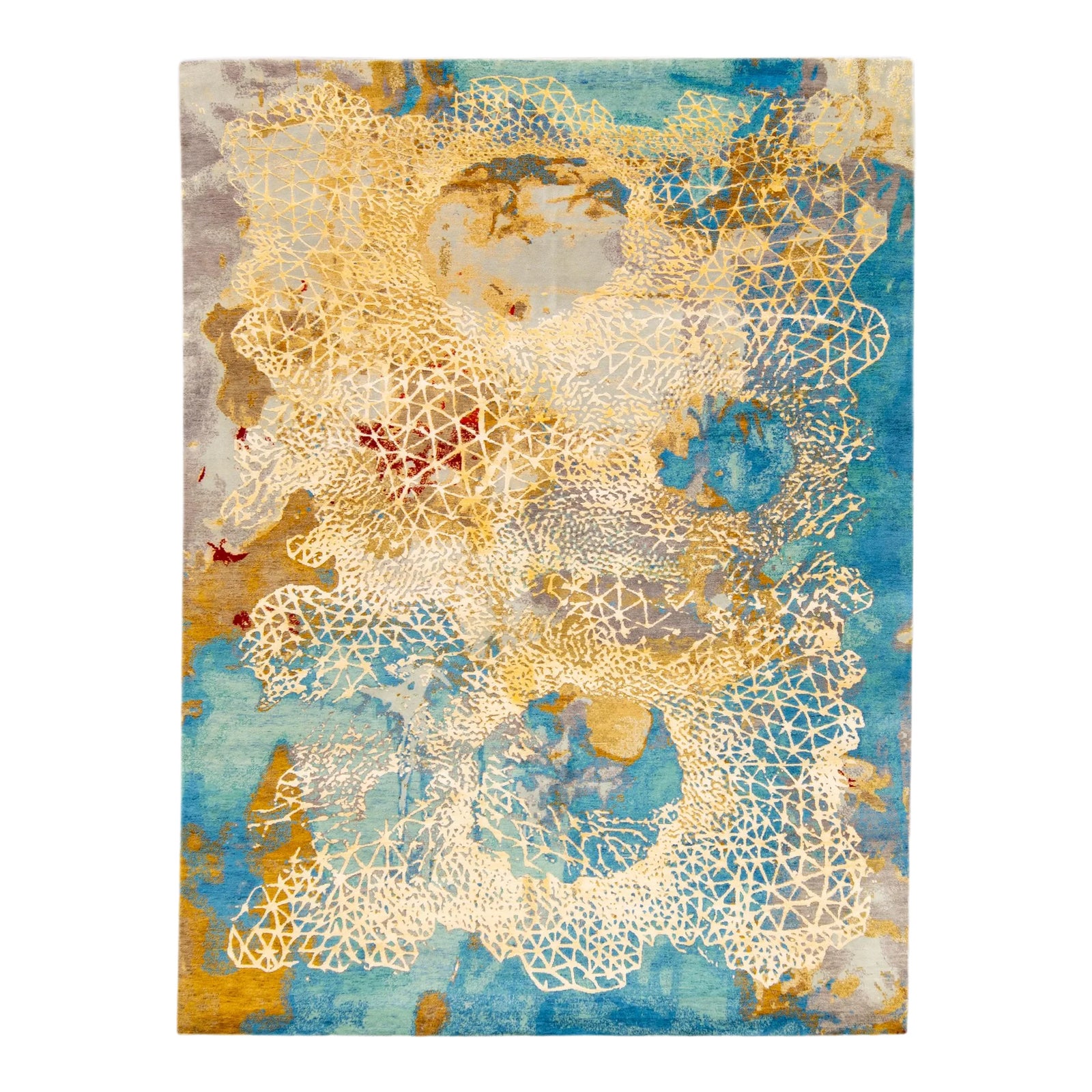 Modern Golden and Teal Abstract Indian Handmade Coastal Designed Wool ...